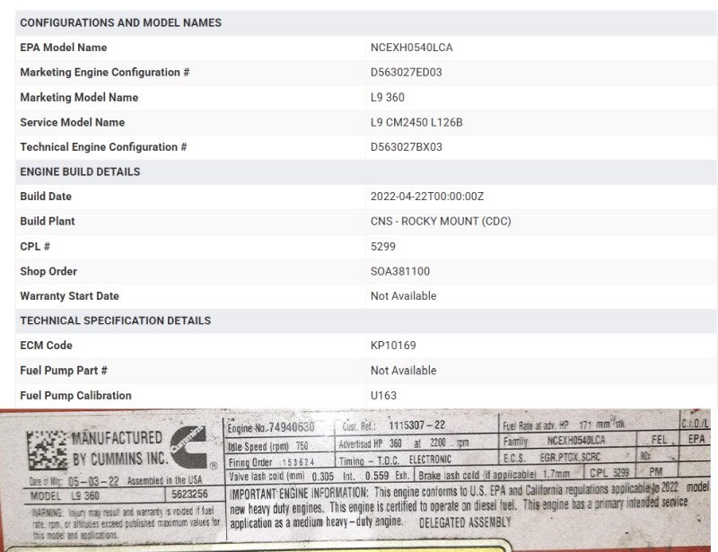 Cummins L9 360 CPL 5299 (Ex Test) Engine (Truck) - F&J Exports Limited